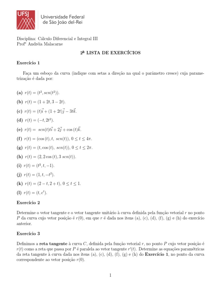Lista de Exercícios 2 - Cálculo III | PDF | Curva | Curvatura