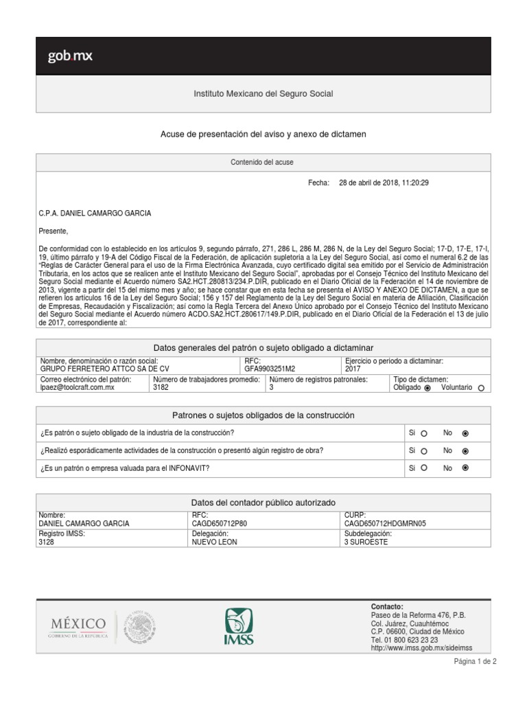 Acuse de Presentación Del Aviso y Anexo de Dictamen: Instituto Mexicano Del Seguro Social | PDF ...