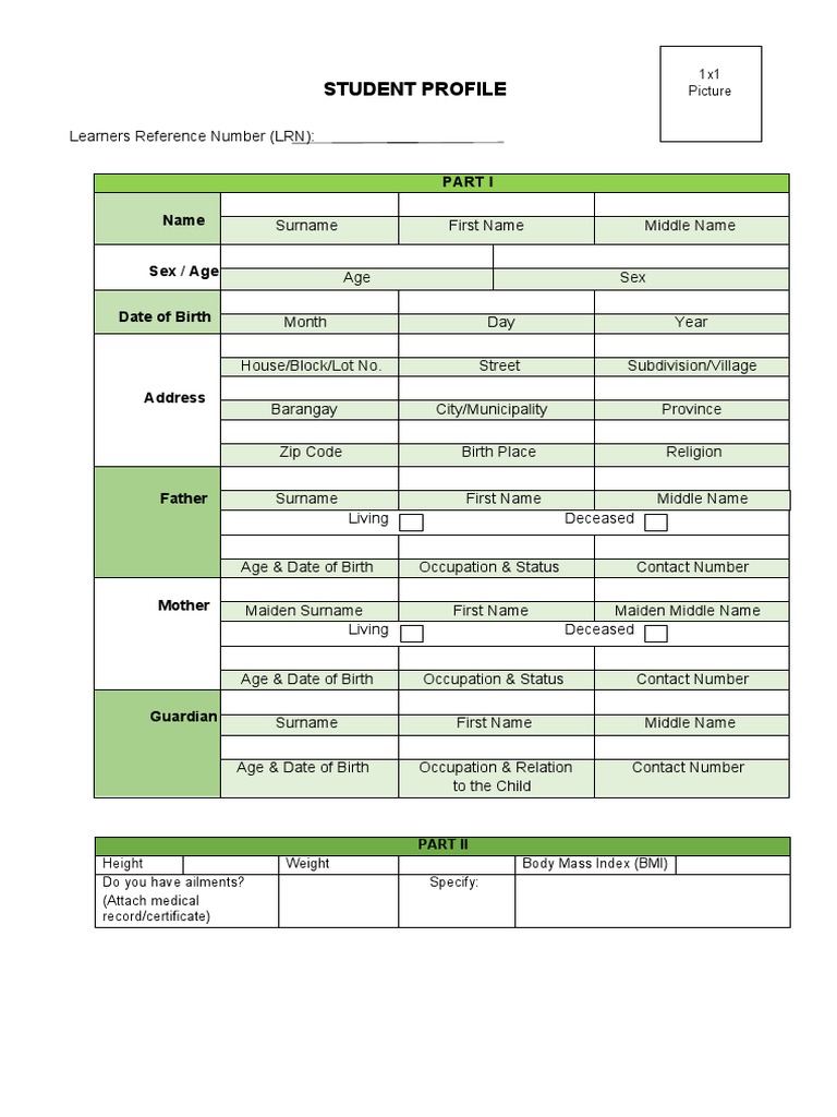 Student Profile Document Containing Personal Information Such as Name ...
