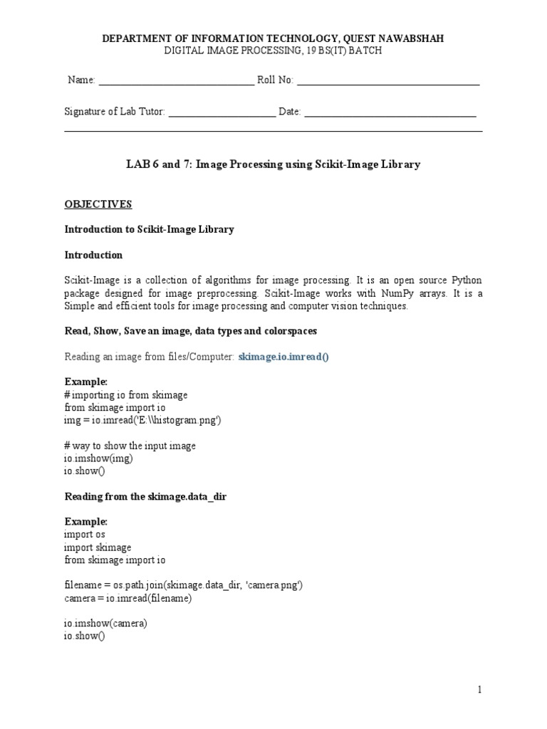 LAB 6 and 7: Image Processing Using Scikit-Image Library | PDF | Multidimensional Signal ...