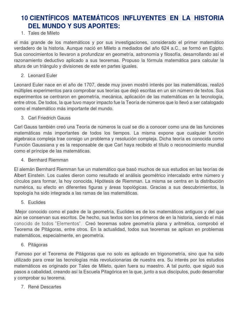 Científicos Matemáticos Influyentes en La Historia Del Mundo | PDF ...