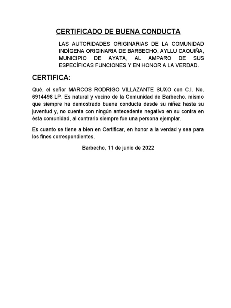 Certificado de Buena Conducta | PDF