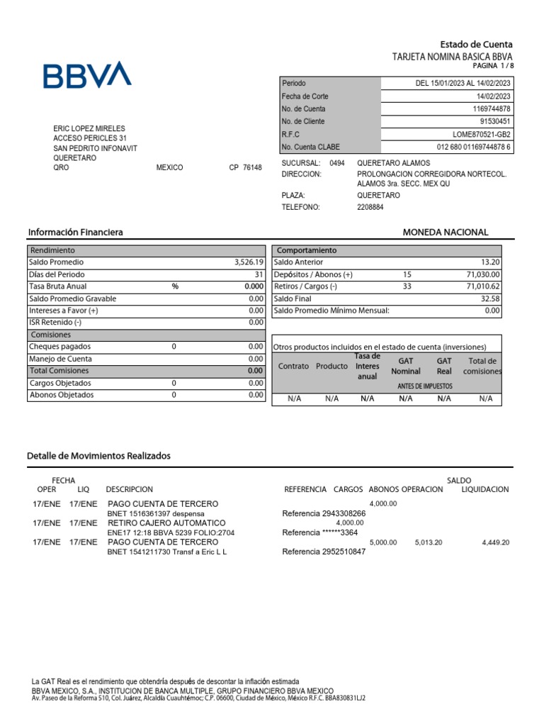 Estado de Cuenta: Tarjeta Nomina Basica Bbva | PDF | Bancos | Dinero