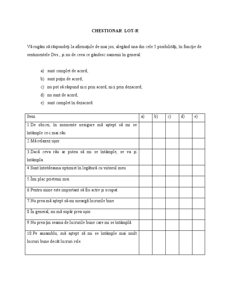 CHESTIONAR Optimism | PDF