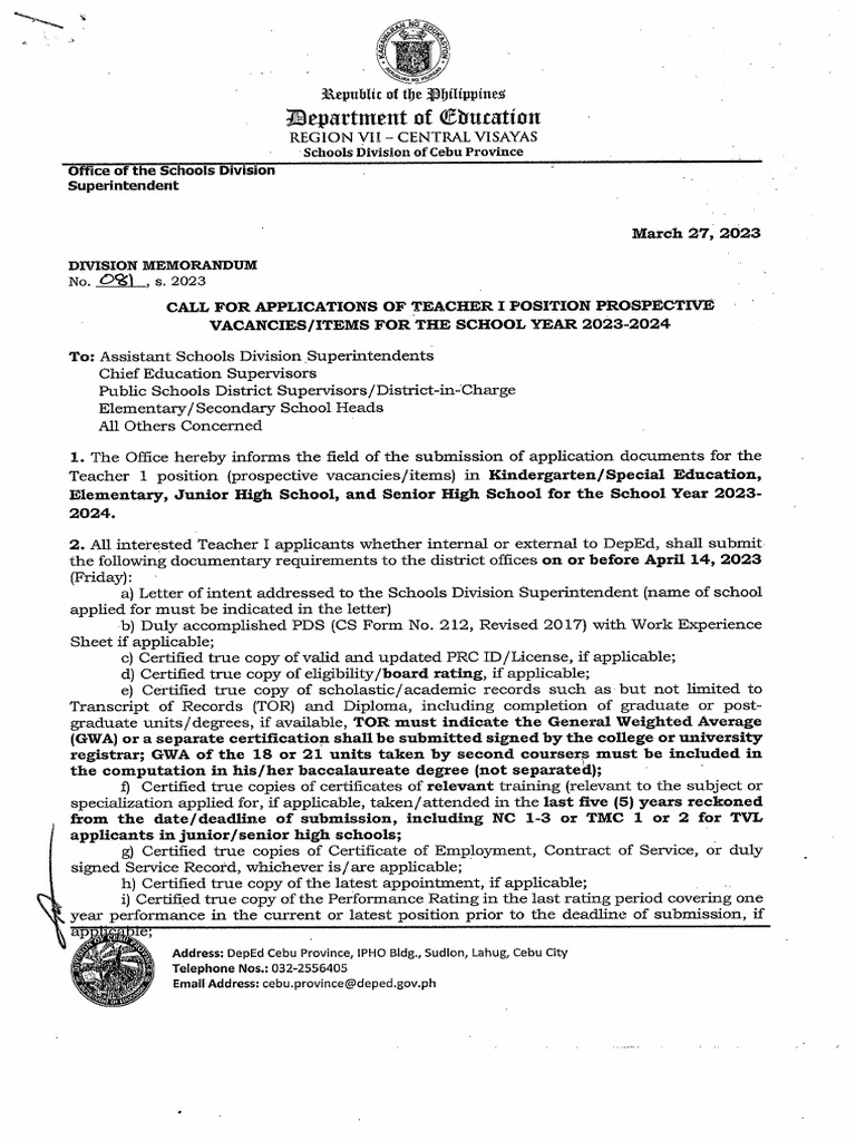 DM - s2023 - 081.pdf FOR TEACHER I APPLICANT | PDF | Teachers