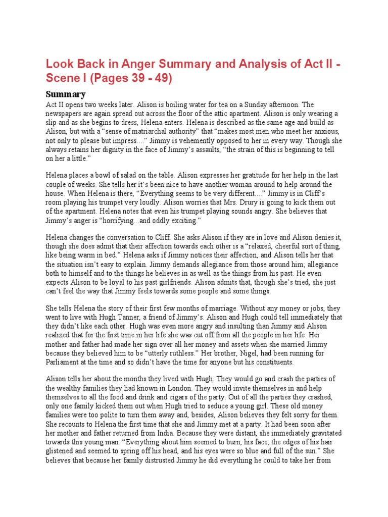 Look Back in Anger Summary and Analysis of Act II 2 | PDF | Mystery, Thriller & Crime Fiction ...