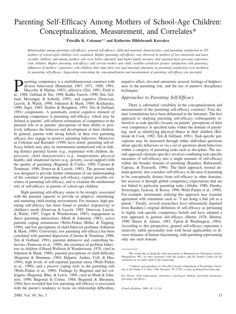 Parenting Self-Efficacy Among Mothers of School-Age Children: Conceptualization, Measurement ...