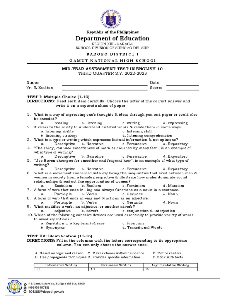 English 10 Mid-Year Assessment Test | PDF | Verb | Adjective