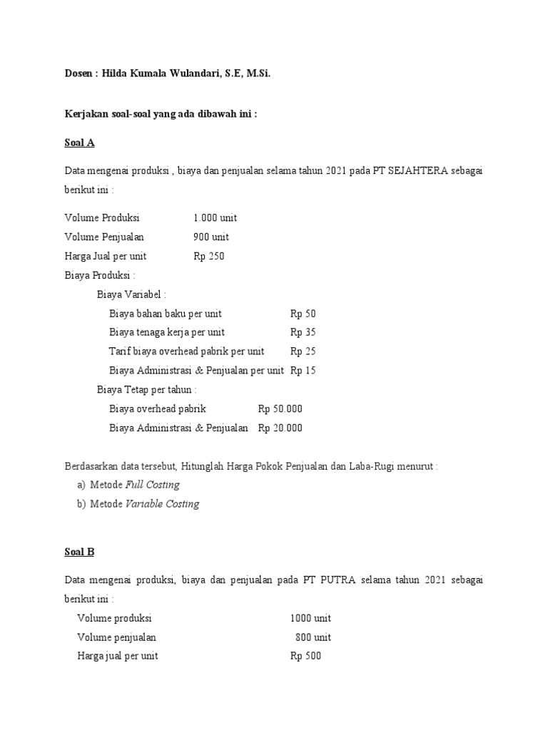 Tugas Perhitungan HPP Dan Laba Rugi DG Metode Full Costing Dan Variable ...