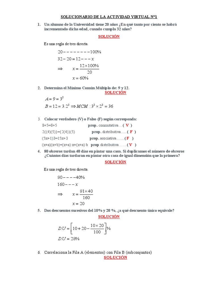 Solucionario Actividad Virtual 1 | PDF | Álgebra | Números