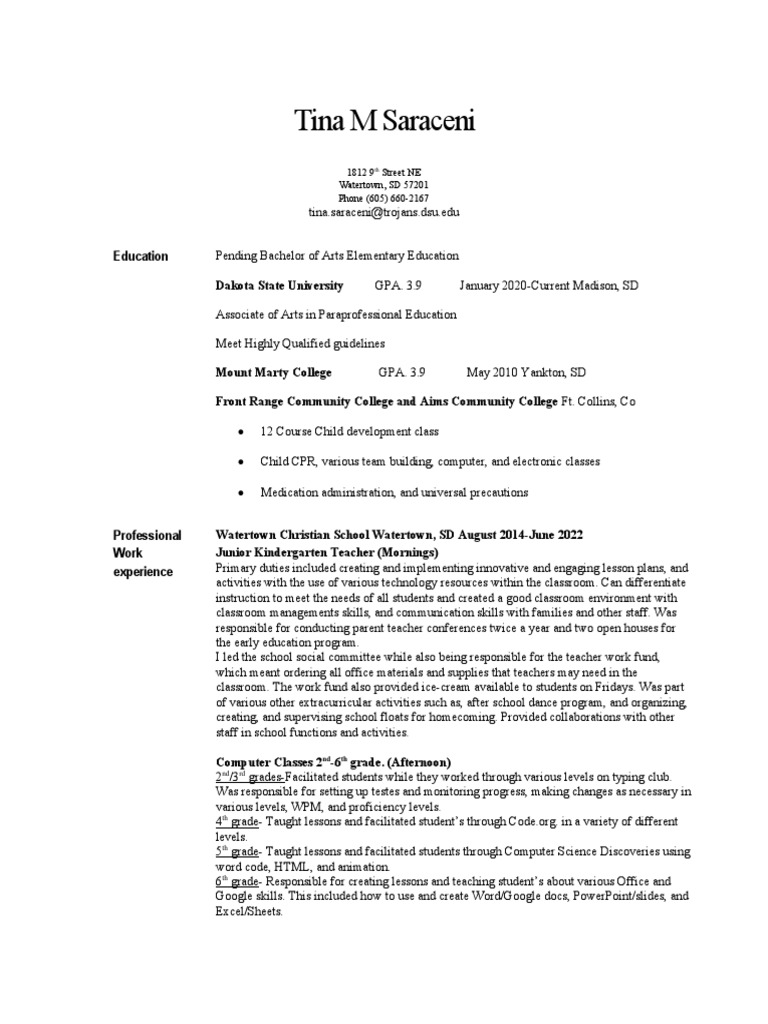 Tinas Resume | Download Free PDF | Teachers | Schools