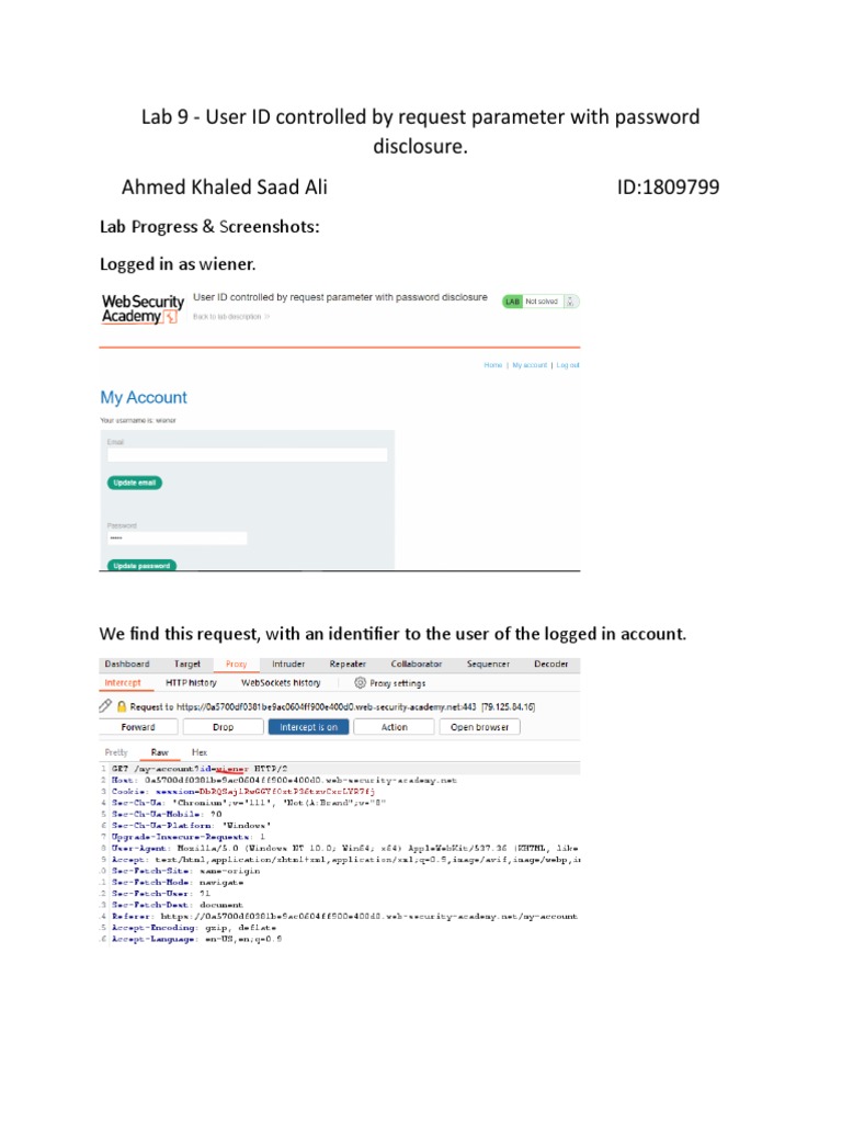 Lab 9 - User ID Controlled by Request Parameter With Password Disclosure. Ahmed Khaled Saad Ali ...