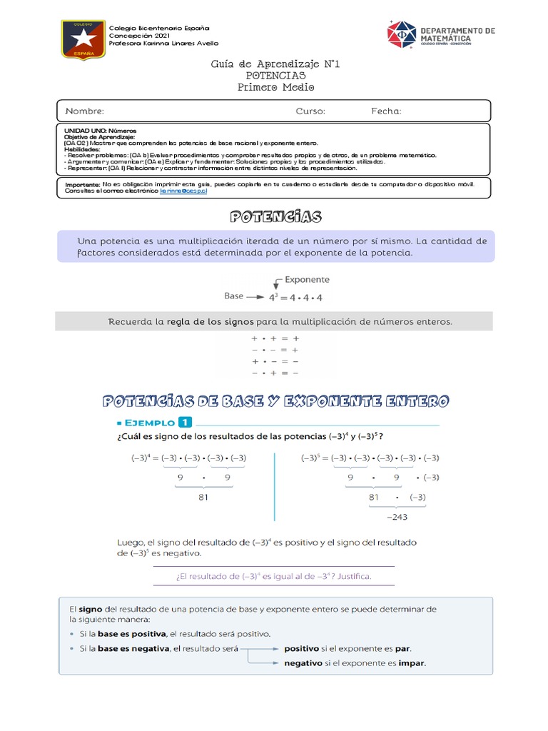 Guía #1 - Potencias Base y Exponente Entero | PDF