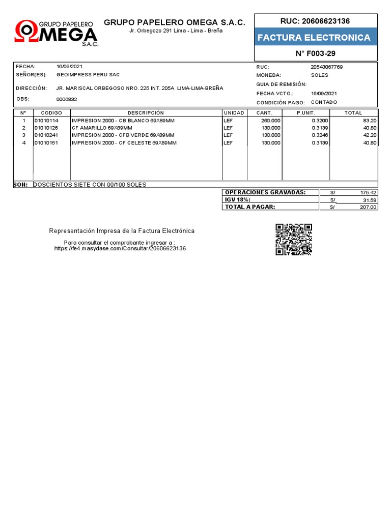 Factura Electrónica Grupo Omega S.A.C. | PDF