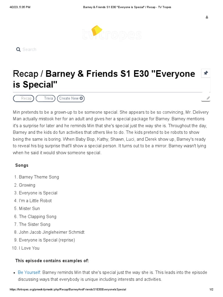 Barney & Friends S1 E30 - Everyone Is Special - Recap - TV Tropes | PDF