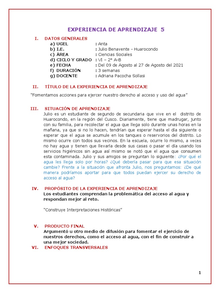 2° Experiencia de Aprendizaje 5 | Descargar gratis PDF | Agua | Evaluación