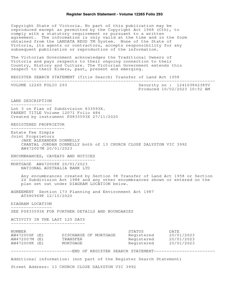 Register Search Statement - Volume 12265 Folio 293 | PDF | Mortgage Law ...