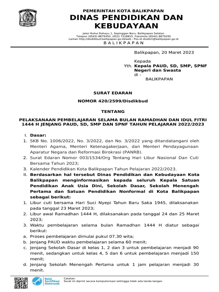 Surat Edaran Pembelajaran Selama Bulan Ramadhan Dan Idul Fitri 1444 H | PDF