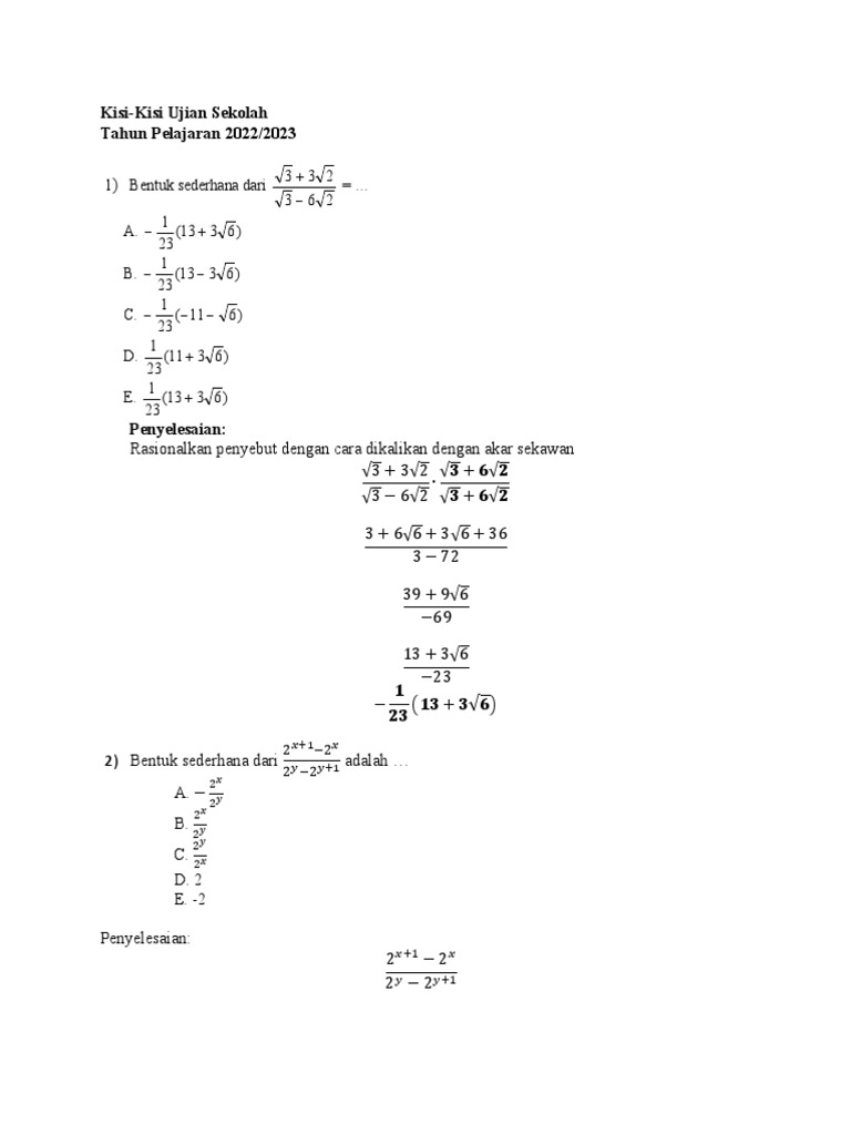 Kisi-Kisi Us MTK PM 2022 - 2023 | PDF