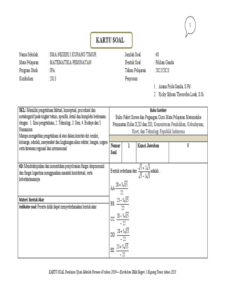 Kartu Soal Us 2023 | PDF