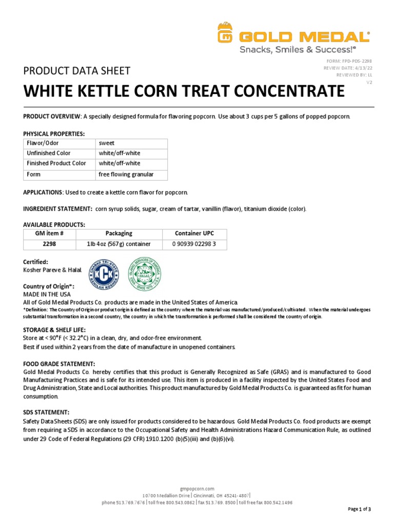 2298 Spec Sheet | PDF | Food And Drink | Food Industry