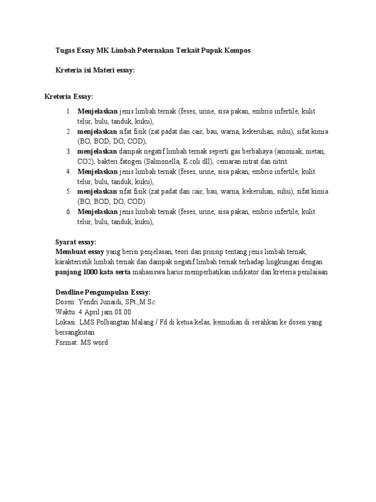 Tugas Essay MK Limbah Peternakan Terkait Sifat Fisik, Kimia Dan Biologis Limbah Ternak | PDF