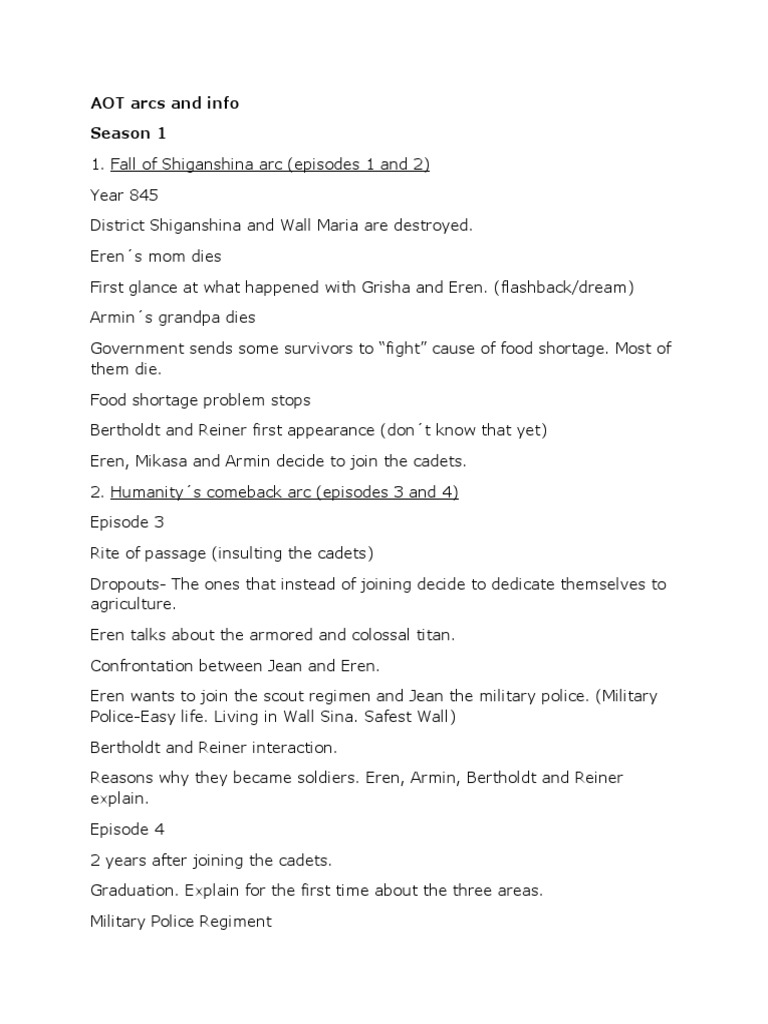 AOT Arcs and Info Season 1 | PDF