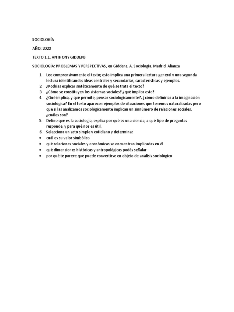 Guía de Lectura de Giddens, Texto 1.1 | PDF