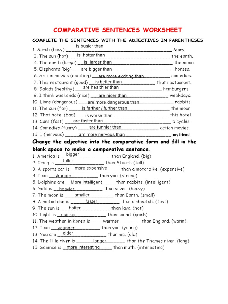 Comparative Sentences Worksheet: Complete The Sentences With The ...