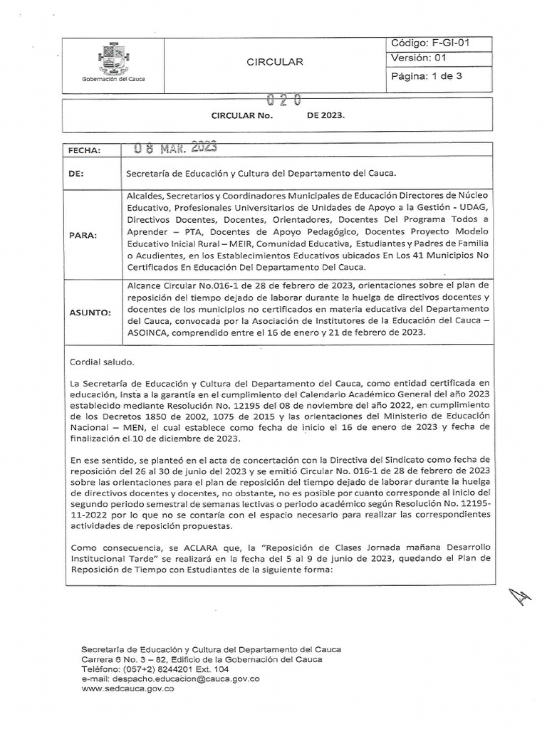 CIRCULAR 020 - 2023aclaracion Reposicion | PDF