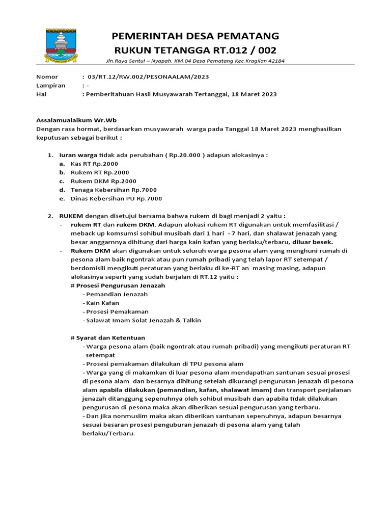 Contoh Kesepakatan Aturan Dalam Satu RT | PDF