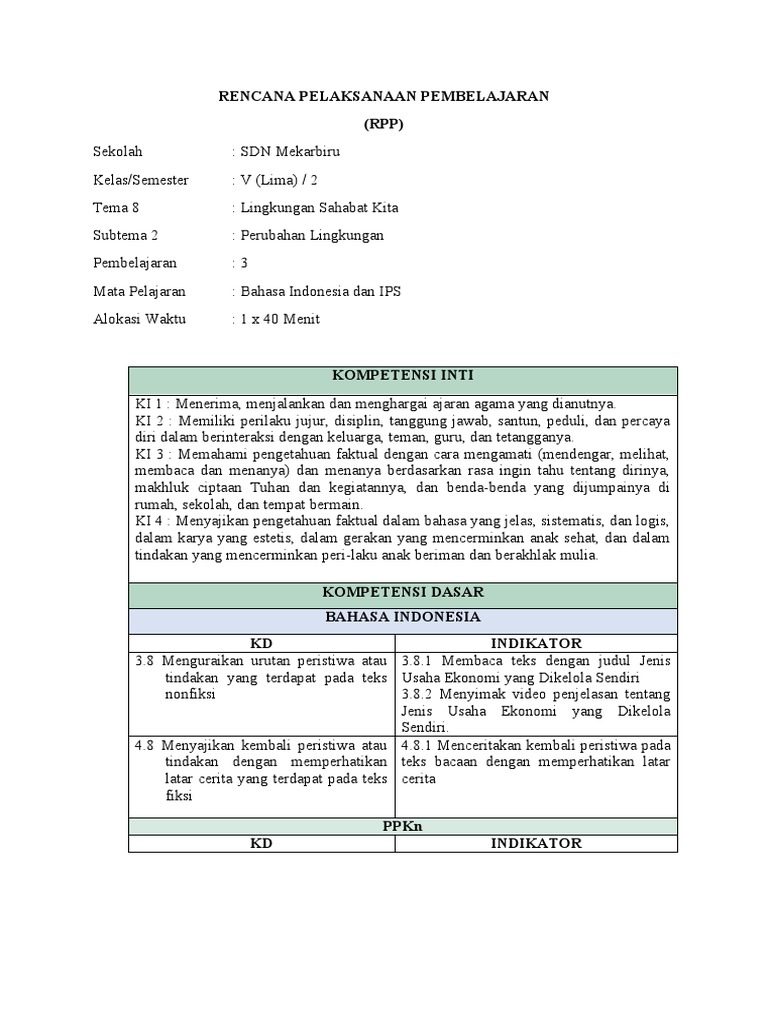 RPP Kelas 5 Tema 8 Subtema 2 PB 3 | PDF