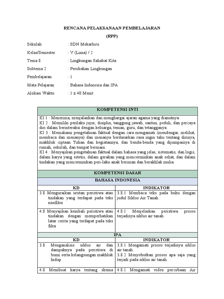 RPP Kelas 5 Tema 8 Subtema 2 PB 1 | PDF