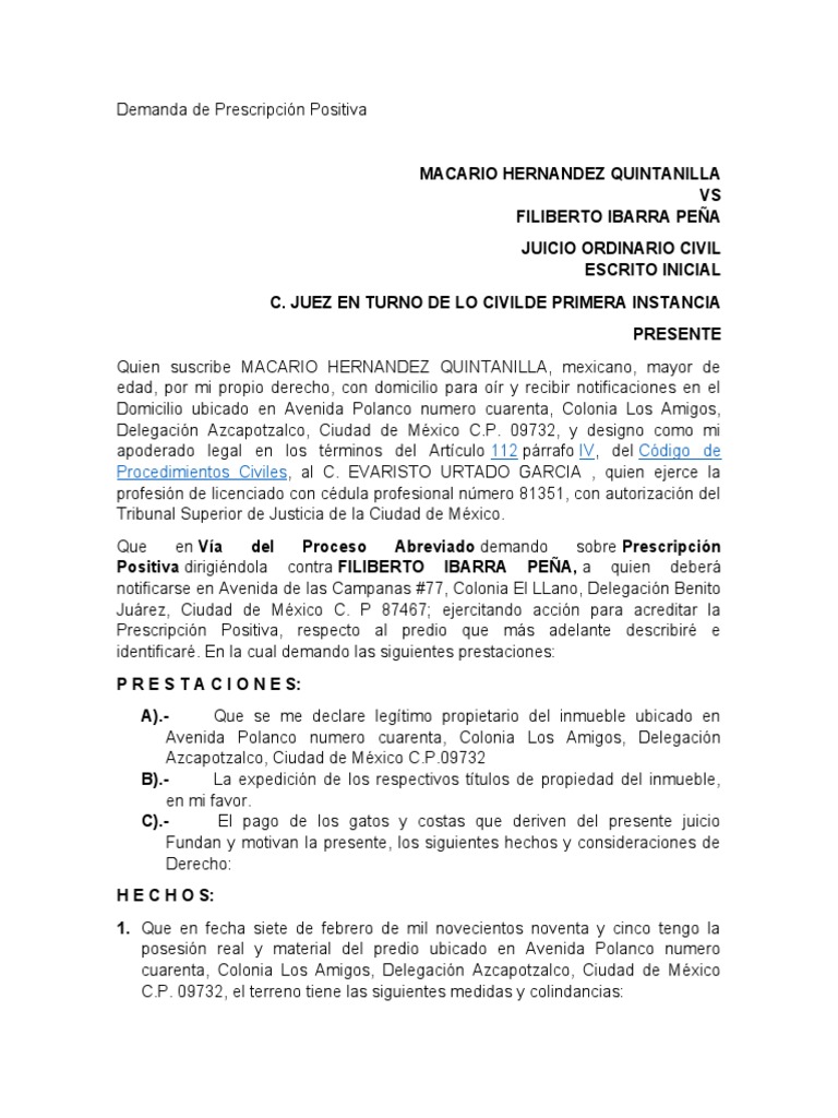 Demanda de Prescripción Positiva | PDF | Propiedad | Demanda judicial
