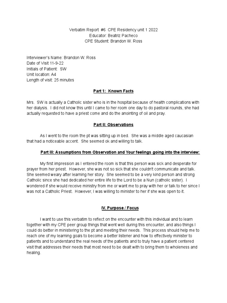 Verbatim Report #6 CPE Residency Unit 1 2022 | PDF | Prayer | Francis ...