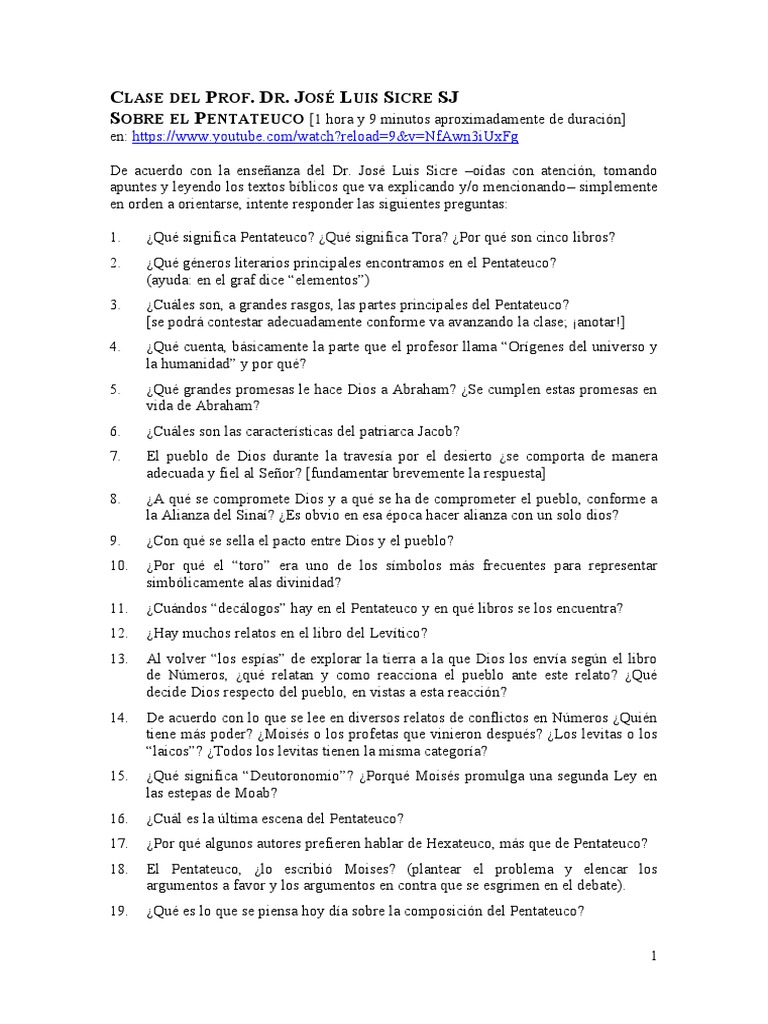Pentateuco Cuestionario Sobre La Clase Del Prof. Jose Luis Sicre | PDF ...