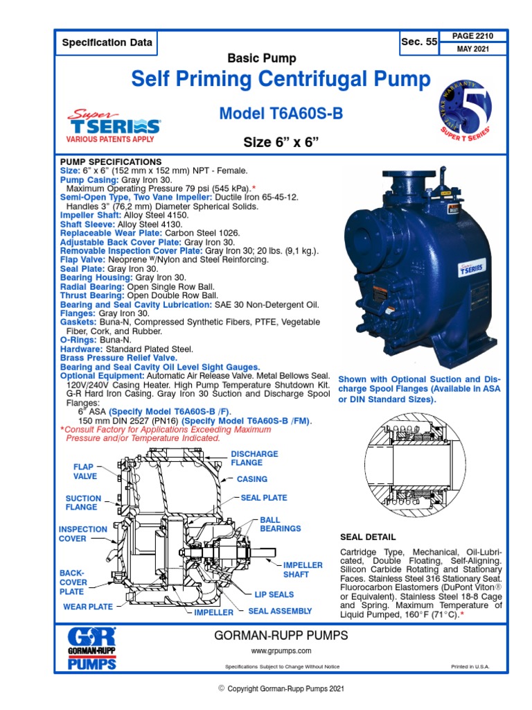 Self Priming Centrifugal Pump: Model T6A60S B | Download Free PDF ...