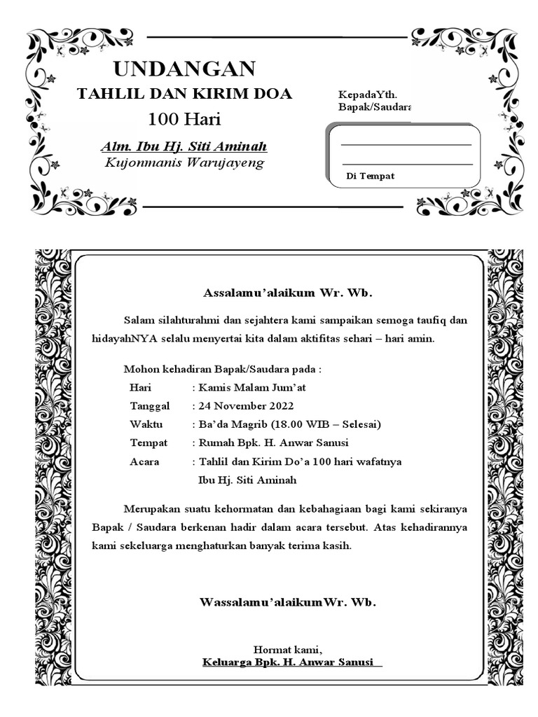 Undangan Tahlil 100 Hari Alm. Ibu Siti | PDF
