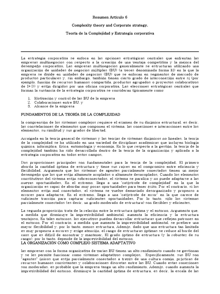 Resumen Artículo 6 Complexity Theory and Corporate Strategy | PDF | Teoría | Complejidad