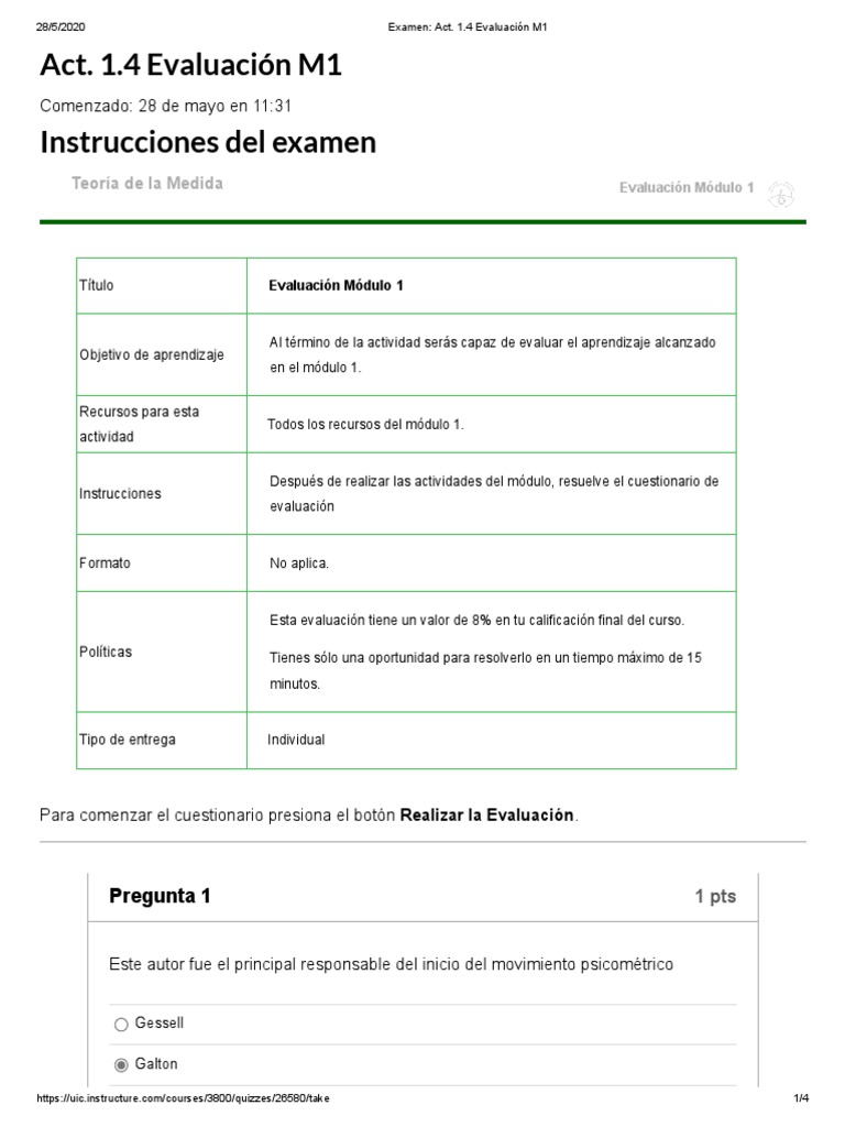 Examen - Act. 1.4 Evaluación M1 | PDF | Evaluación | Psicometría