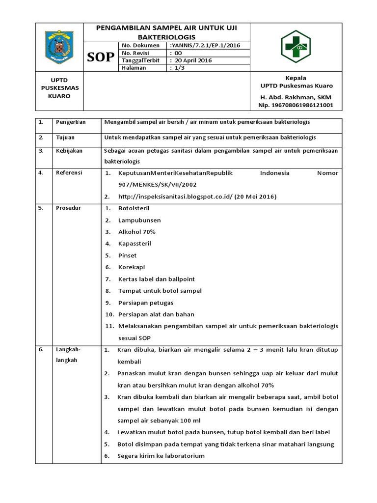 SOP Pengambilan Sampel Air Untuk Uji Bakteriologis Kuaro | PDF | Sains & Matematika