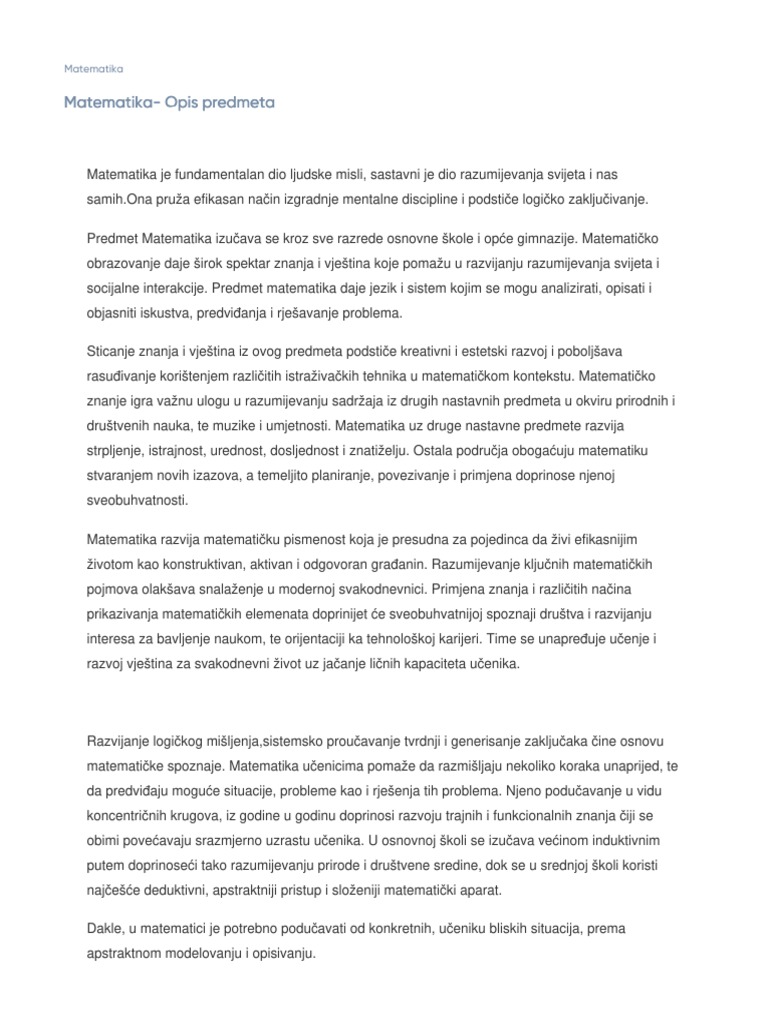 Matematika-Opis Predmeta Matematika - Opis Predmeta | PDF