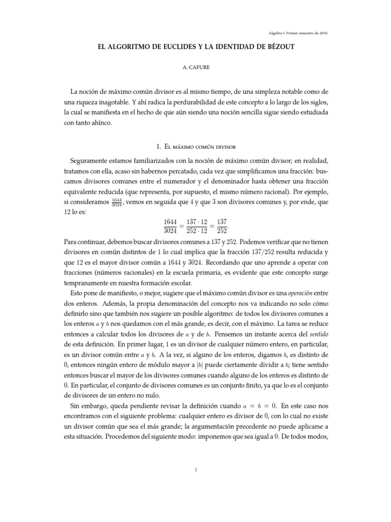 Algoritmo de Euclides Identidad de Bezout | PDF | División (Matemáticas) | Conceptos matemáticos