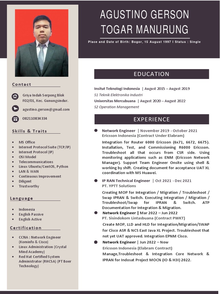 CV - Agustino Gerson Togar Manurung | PDF | Internet Protocol Suite | Cisco Certifications
