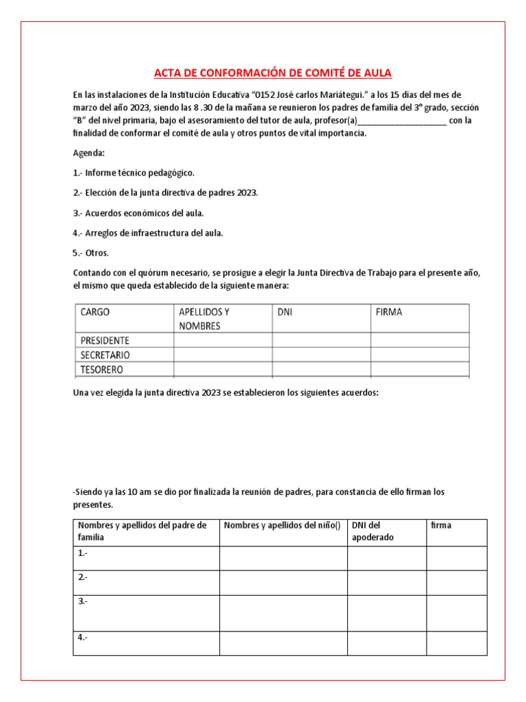 Acta de Conformación de Comité de Aula | PDF