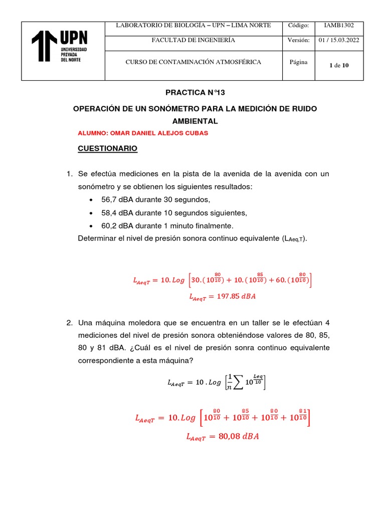JP Pract. Lab 13 - Omar Alejos Cubas | PDF | Decibel | ruido