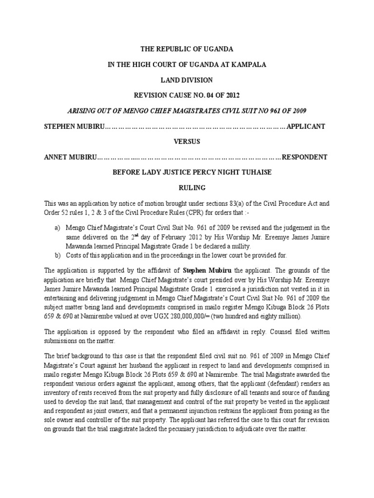 Stephen Mubiru Vs Annet Mubiru | PDF | Lawsuit | Magistrate