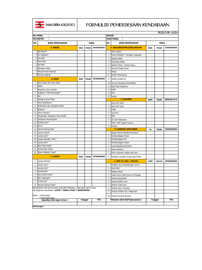 SKI - Checklist Pengecekan Kendaraan_Draft (1) | PDF