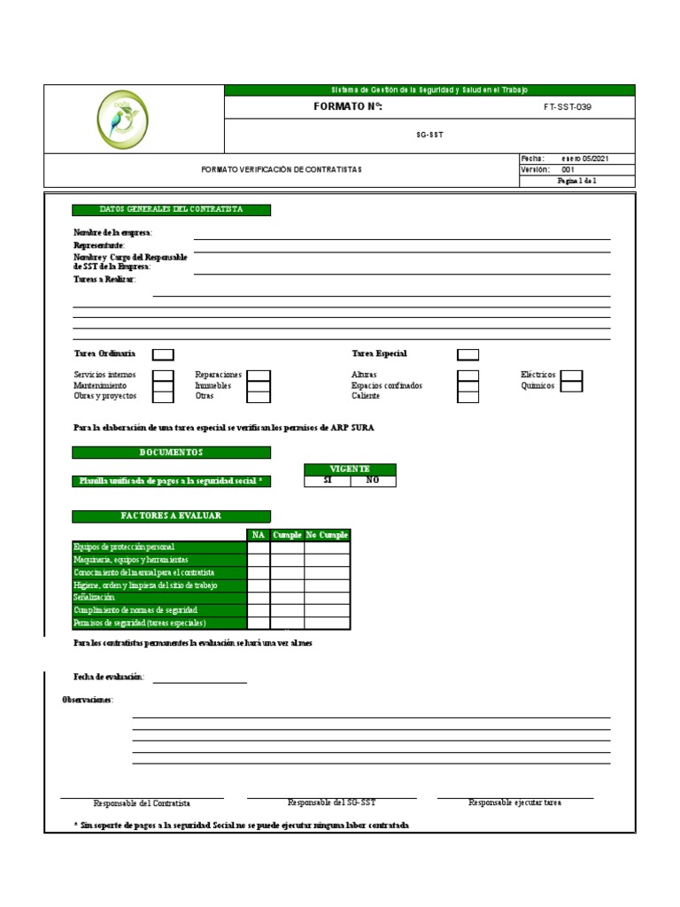 FT-SST-039 Formato Verificacion de Contratistas | PDF