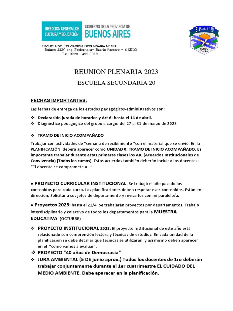 Reunión Plenaria 2023: Escuela Secundaria 20 | PDF